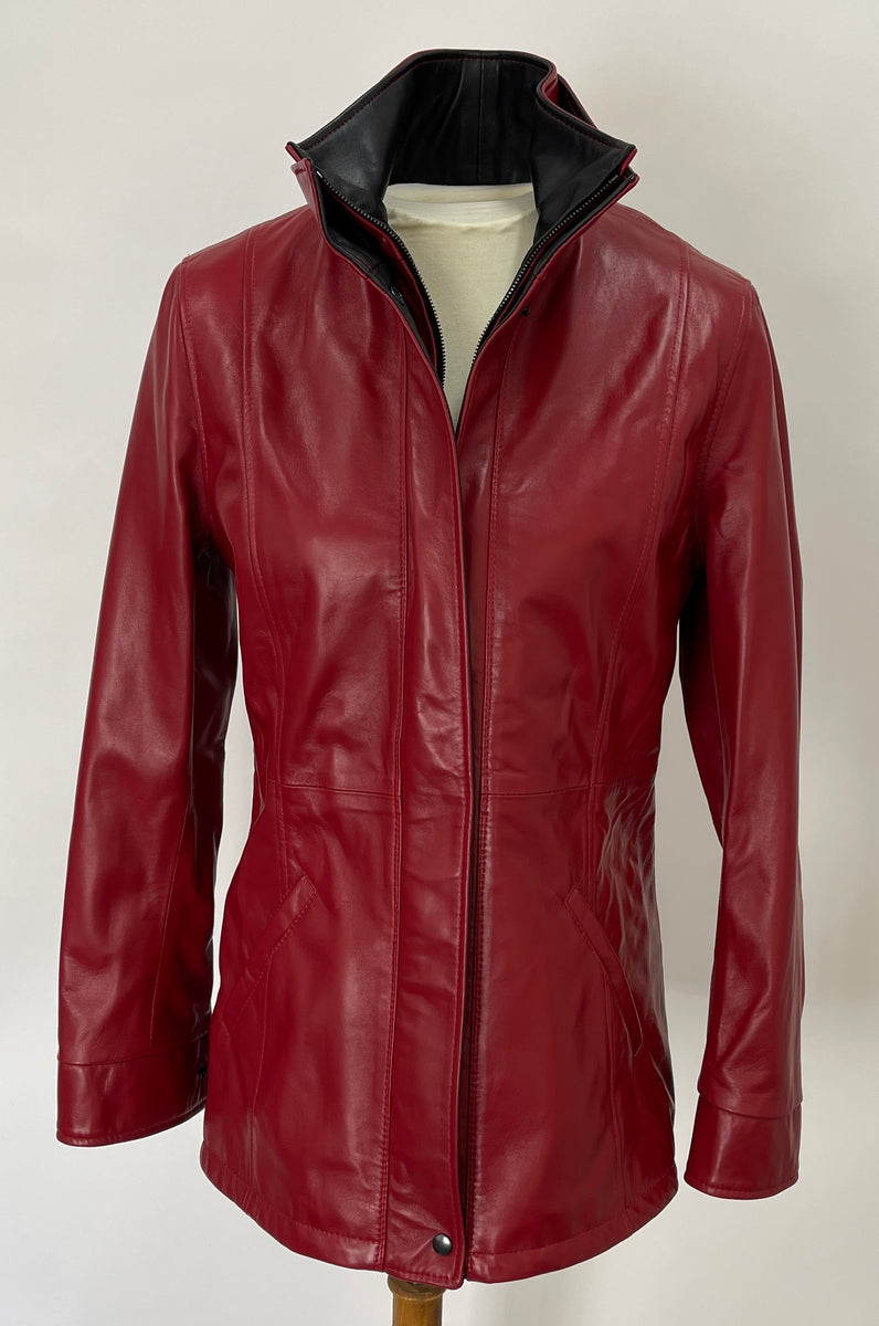 7059 - Ladies Leather Double Collar 3/4 Length Coat | Scarlet/Noir ...