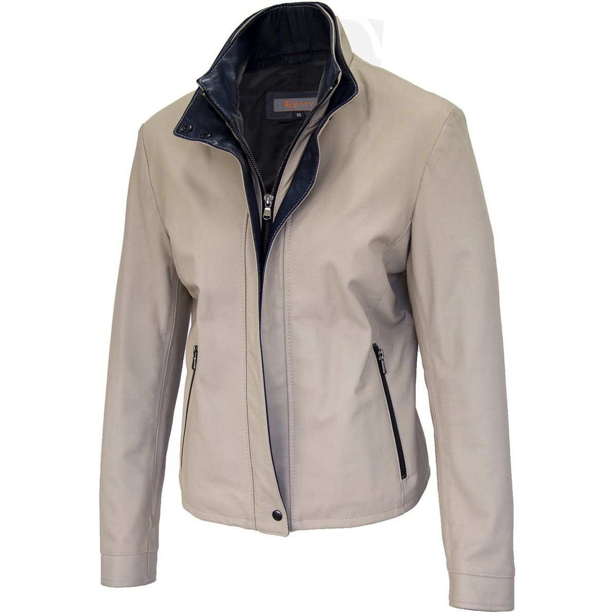 3050 - Ladies Double Collar Leather Jacket in Ivory/Harbor – Remy Leather