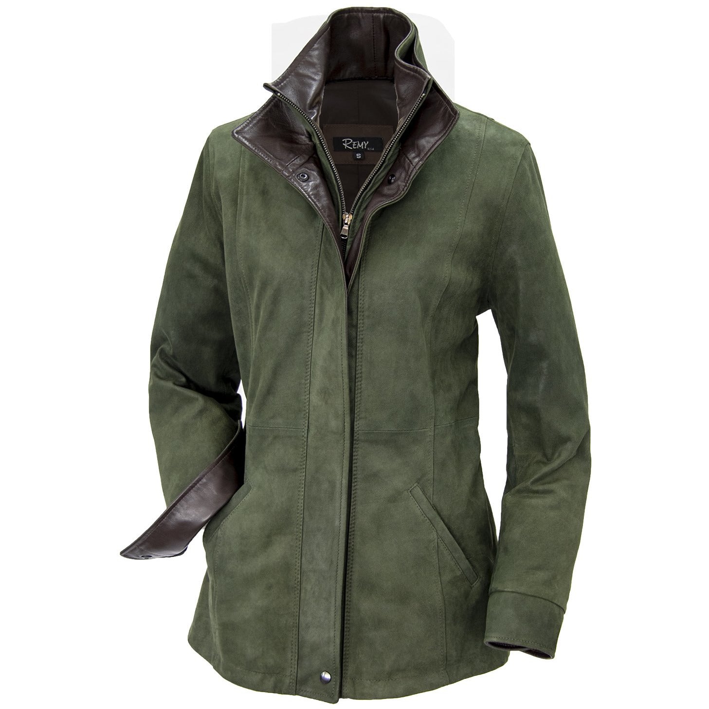 7059 - Ladies Leather Double Collar 3/4 Length Coat in Forest/Rustic ...